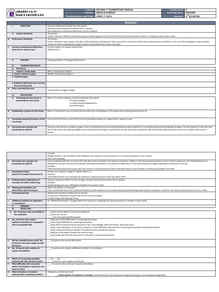 DLL Cot English | PDF | Learning | Teachers