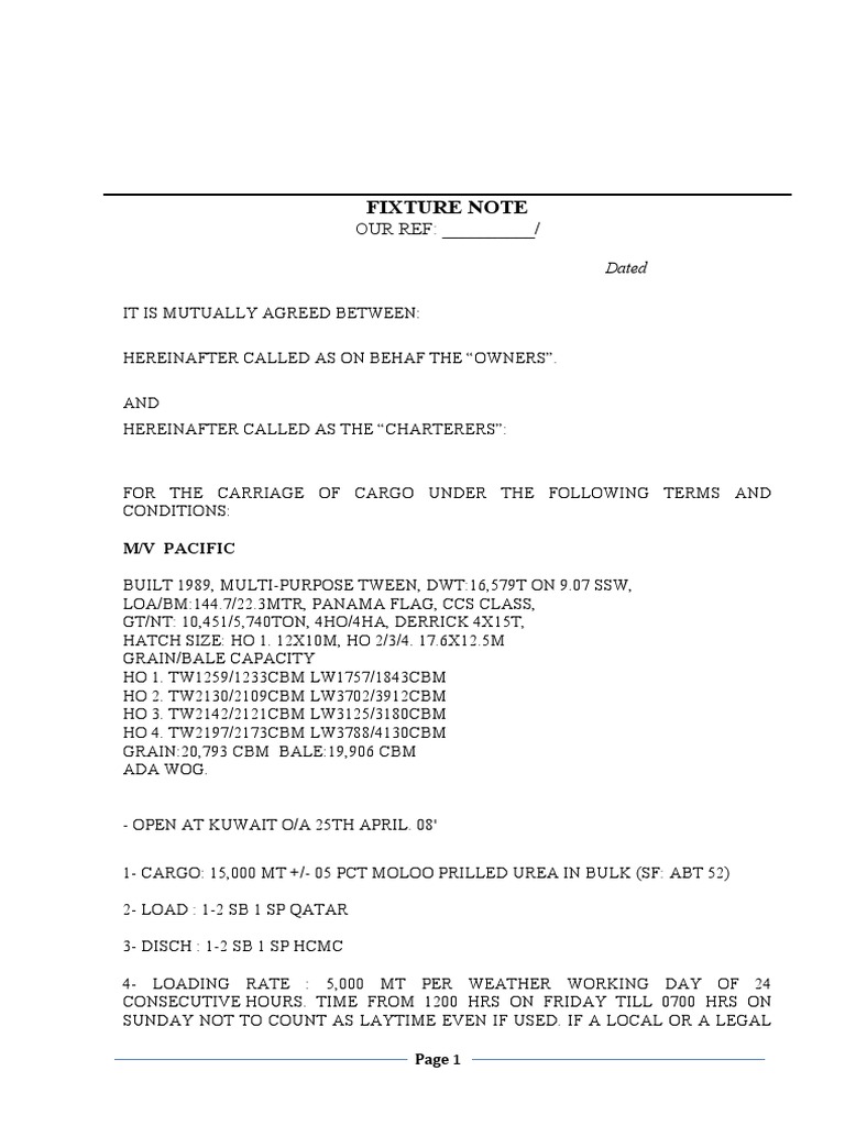 Fixture Note for Cargo Charter Agreement | PDF | Cargo | Ships