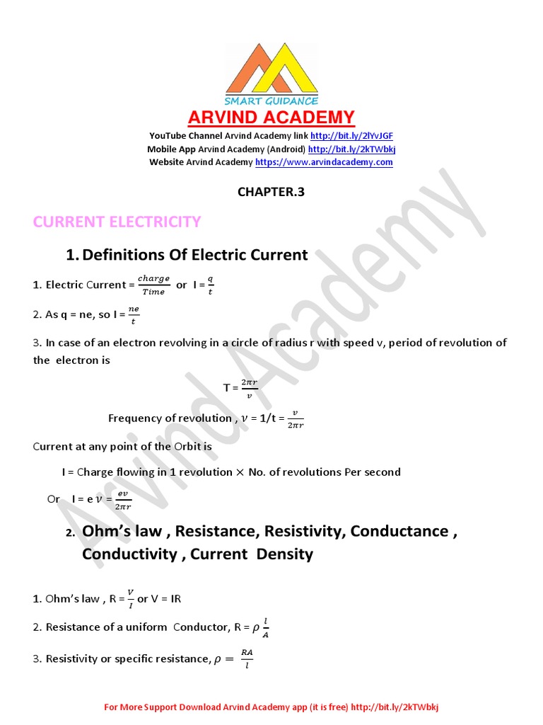 Chap 03 Current Electricity (Formula Sheet) | PDF | Electrical ...