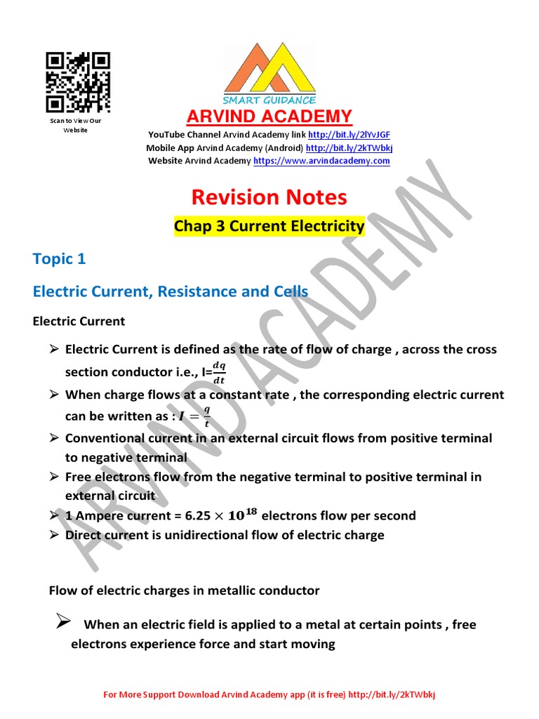 Chap 03 Current Electricity (Revision Notes) | PDF | Electric Current ...