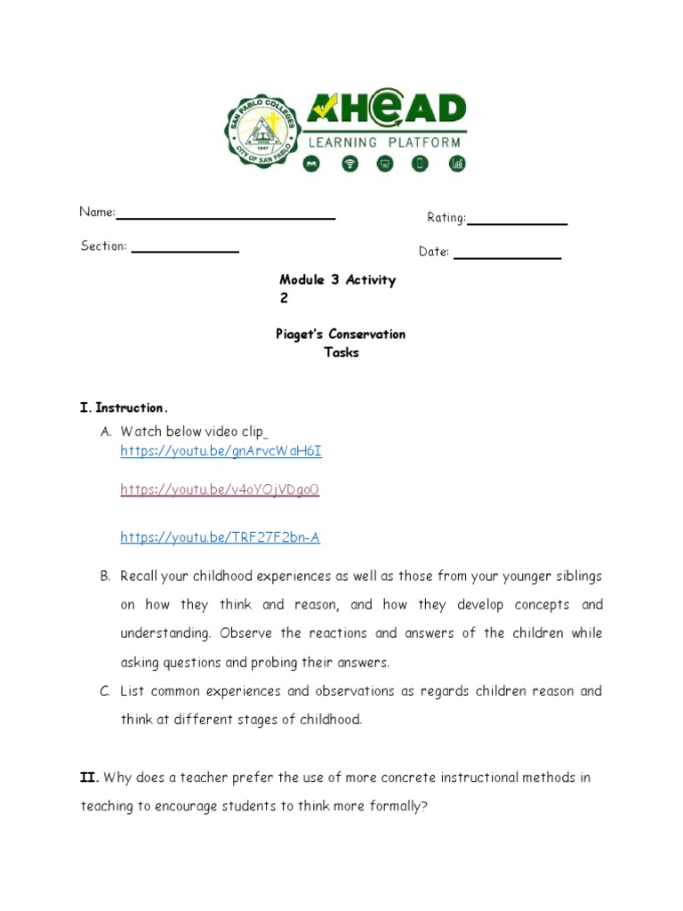 Module 3 Activity 2 Piaget's Conservation Tasks: Name: Section: Rating: Date | PDF