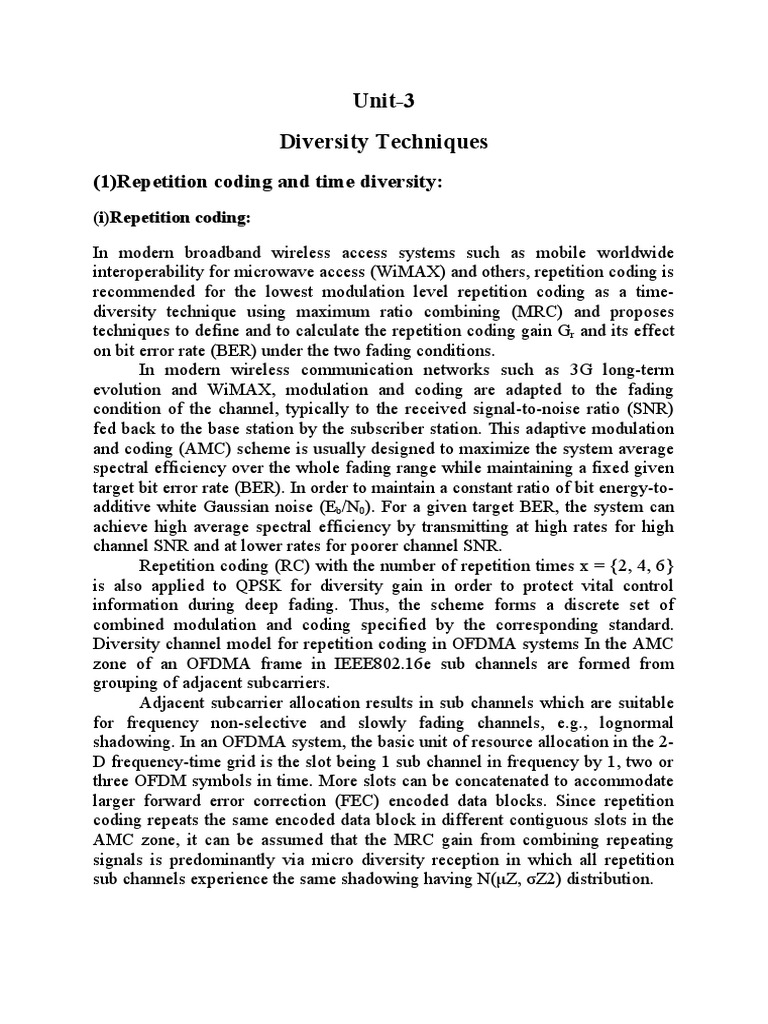 Unit-3 Diversity Techniques: (1) Repetition Coding and Time Diversity ...