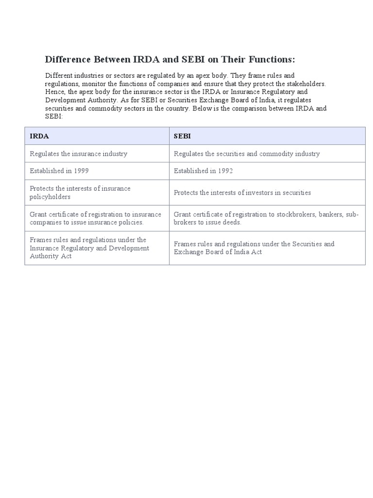 Difference Between IRDA and SEBI On Their Functions | PDF