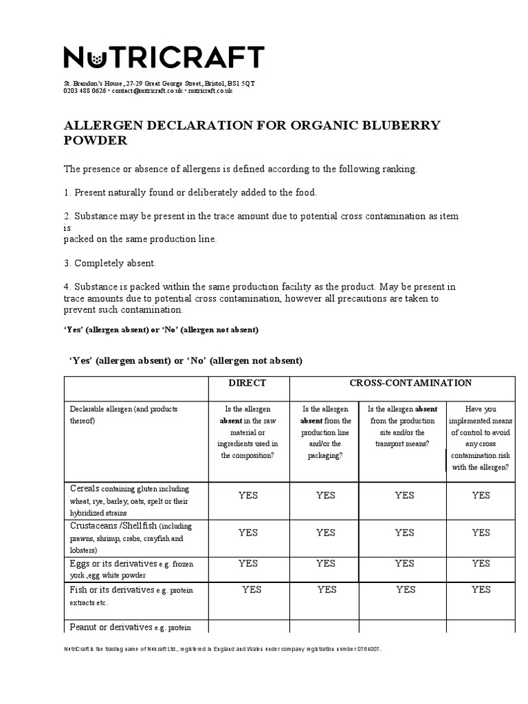 Allergen Declaration For Organic Bluberry Powder: Yes' (Allergen Absent ...