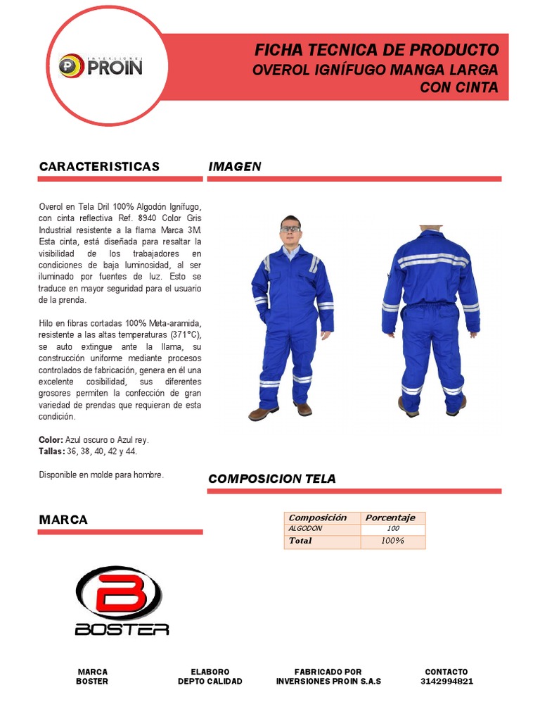 Ficha Tecnica Overol Ignifugo Marca Boster | PDF | Ropa Ficha Tecnica Overol Ignifugo Marca Boster | PDF | Ropa