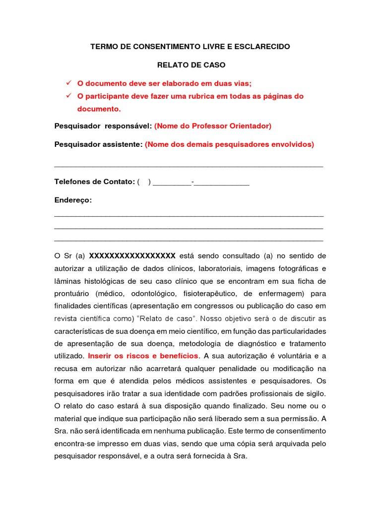 Modelo de Termo de Consentimento Livre e Esclarecido - Relato de Caso ...