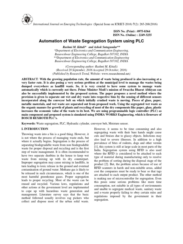 Automation of Waste Segregation System Using PLC | Download Free PDF ...