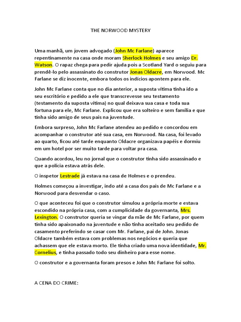 The Norwood Mystery - Resumo | PDF | Sherlock Holmes