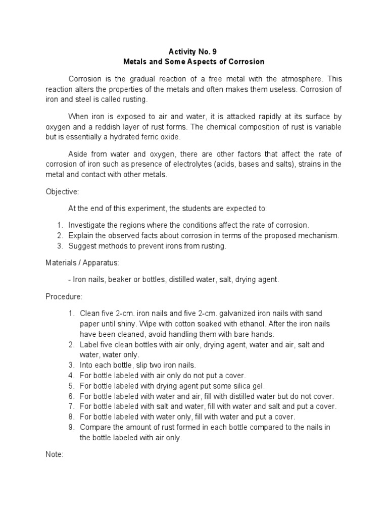 Activity No 9 Metals and Some Aspects of Corrosion | PDF | Rust | Corrosion