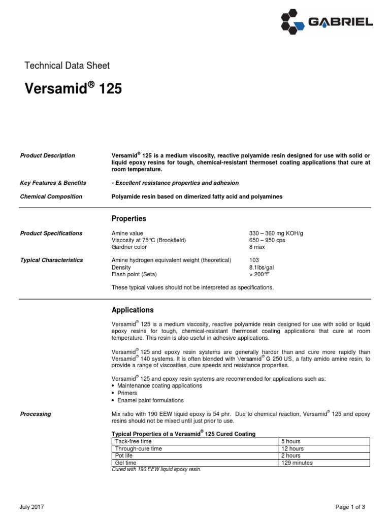 Versamid 125: Technical Data Sheet | PDF | Epoxy | Chemistry