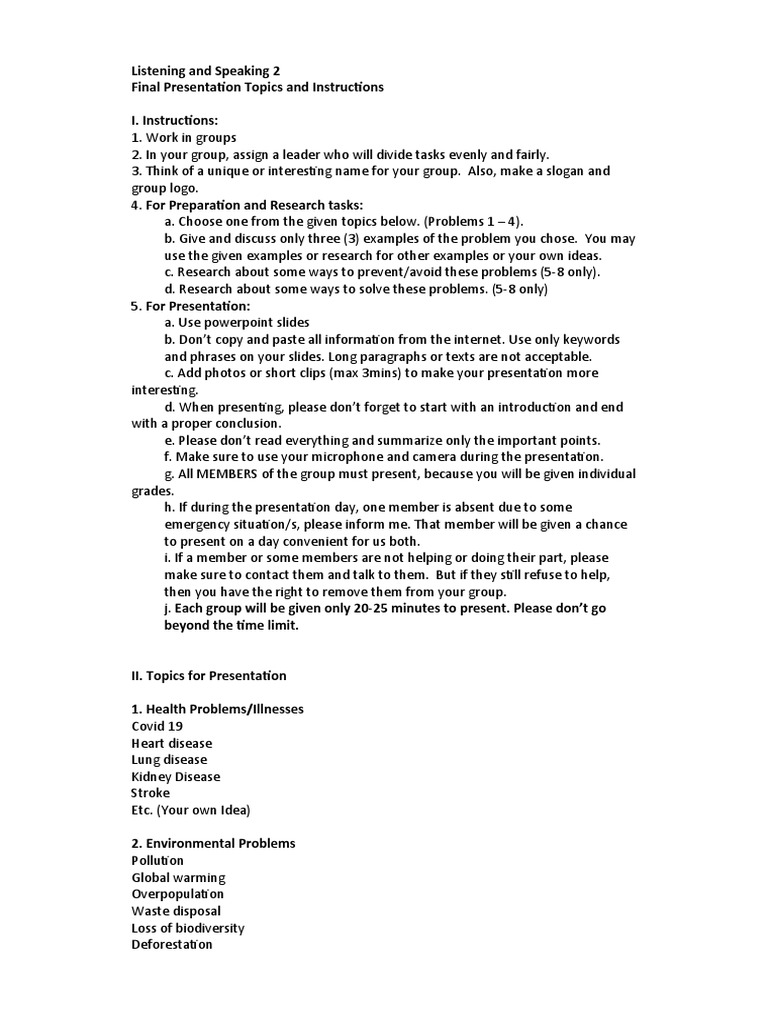 Listening and Speaking 2 Final Presentation Topics and Instructions I ...