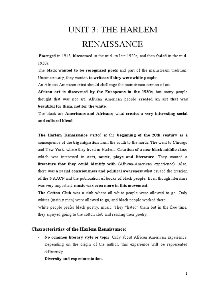 Unit 3 (The Harlem Renaissance) | PDF | Harlem Renaissance