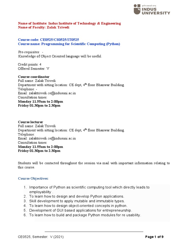 Course Code: CE0525/CS0525/IT0525 Course Name: Programming For Scientific Computing (Python ...