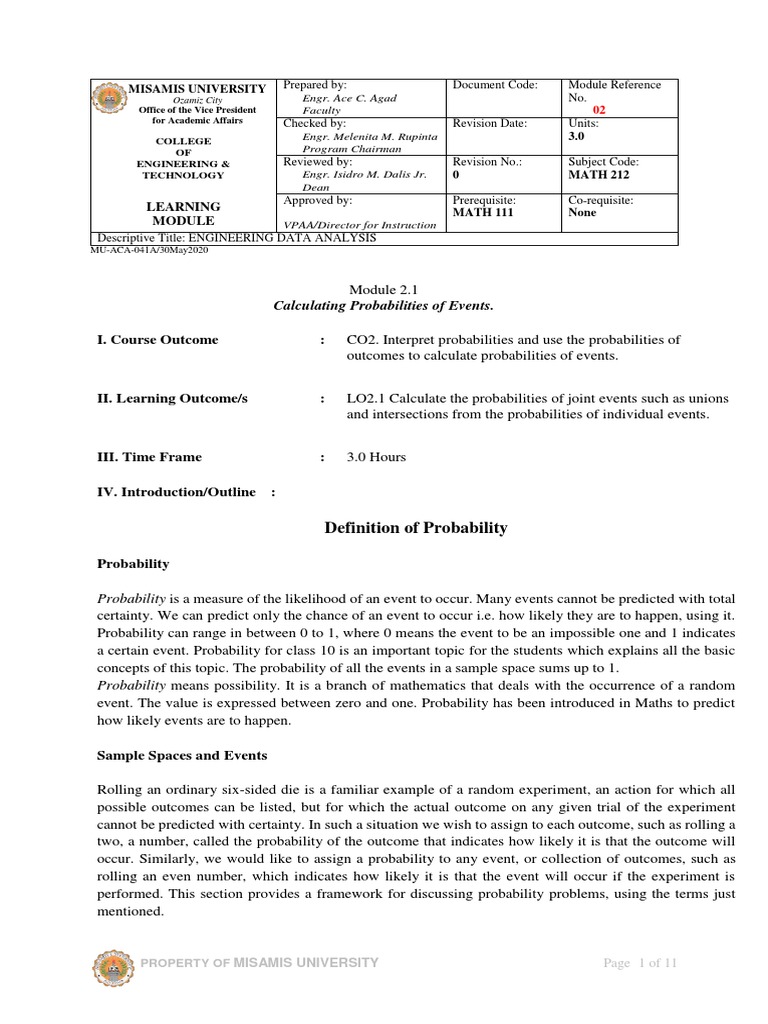 Module 2 Calculating Probabilities of Events | PDF | Probability ...
