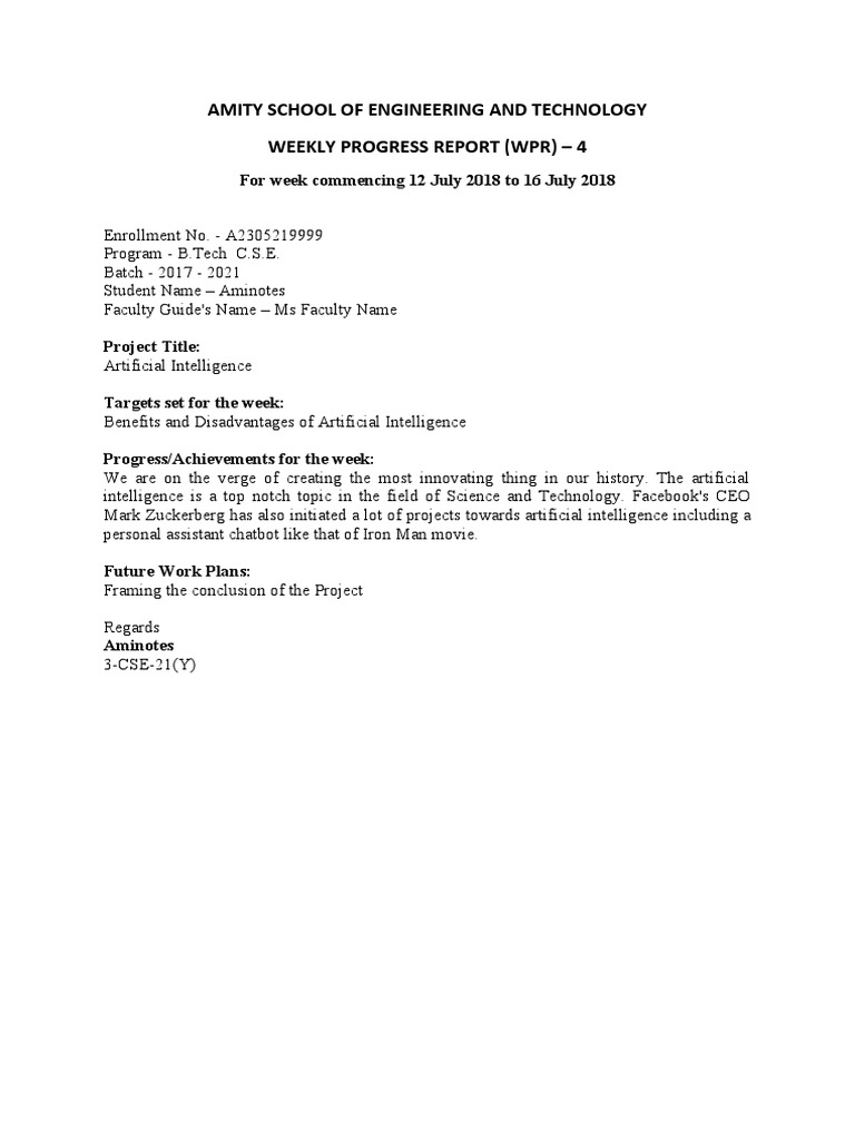 NTCC Sample Weekly Progress Report - 4 | PDF