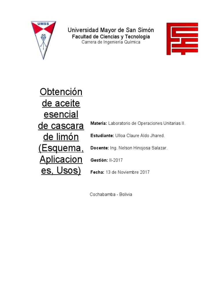 Ulloa Claure Aldo Jhared - Obtencion de Aceite Esencial de Cascara de Limon | PDF | Aceite ...