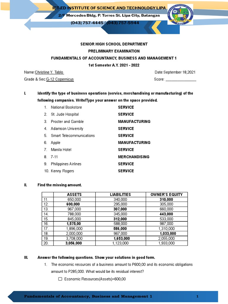 (Template) Prelim Fabm1 | PDF | Equity (Finance) | Economies