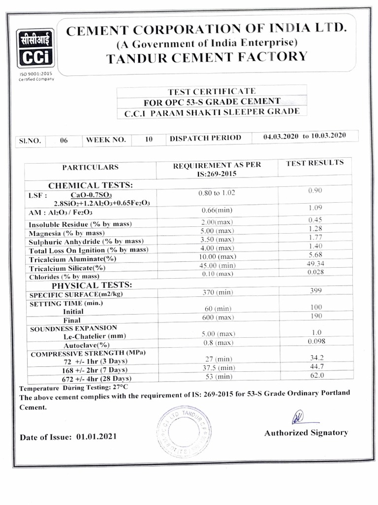 Test Certificate for OPC 53-S Grade Cement from Cement Corporation of ...