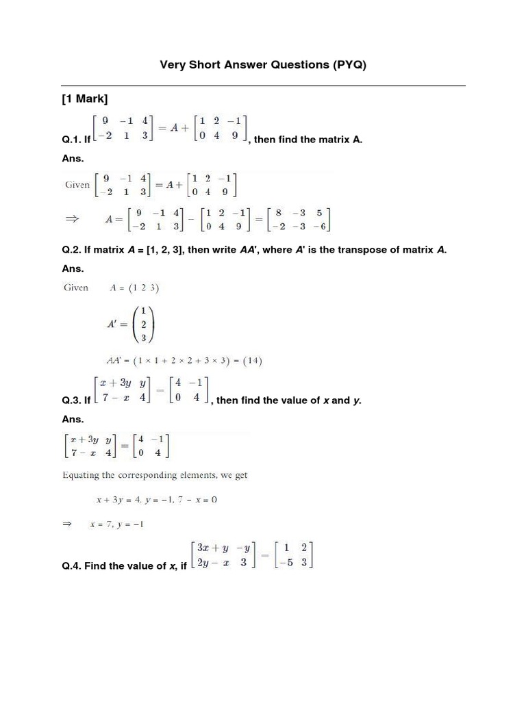 Very Short Answer Questions on Matrices | PDF | Matrix (Mathematics ...