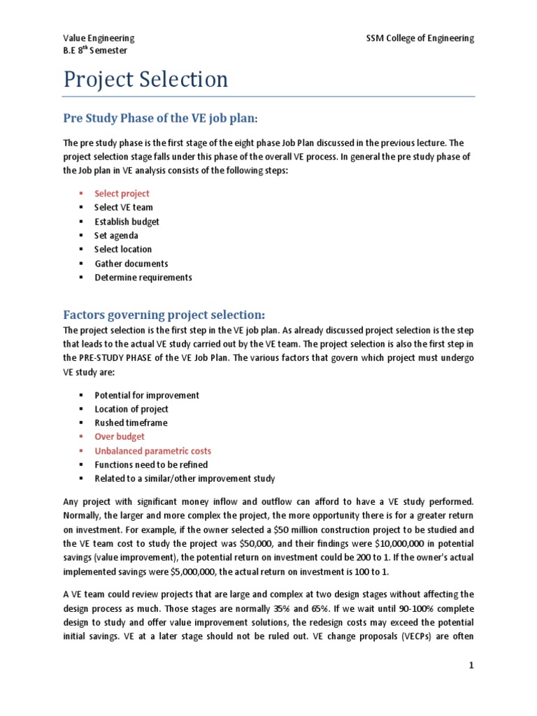 Project Selection: Pre Study Phase of The VE Job Plan | Download Free ...