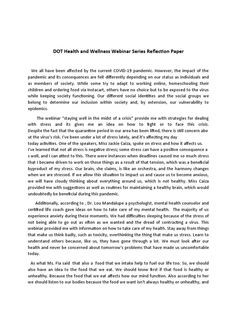 DOT Health and Wellness Webinar Series Reflection Paper | PDF | Stress ...