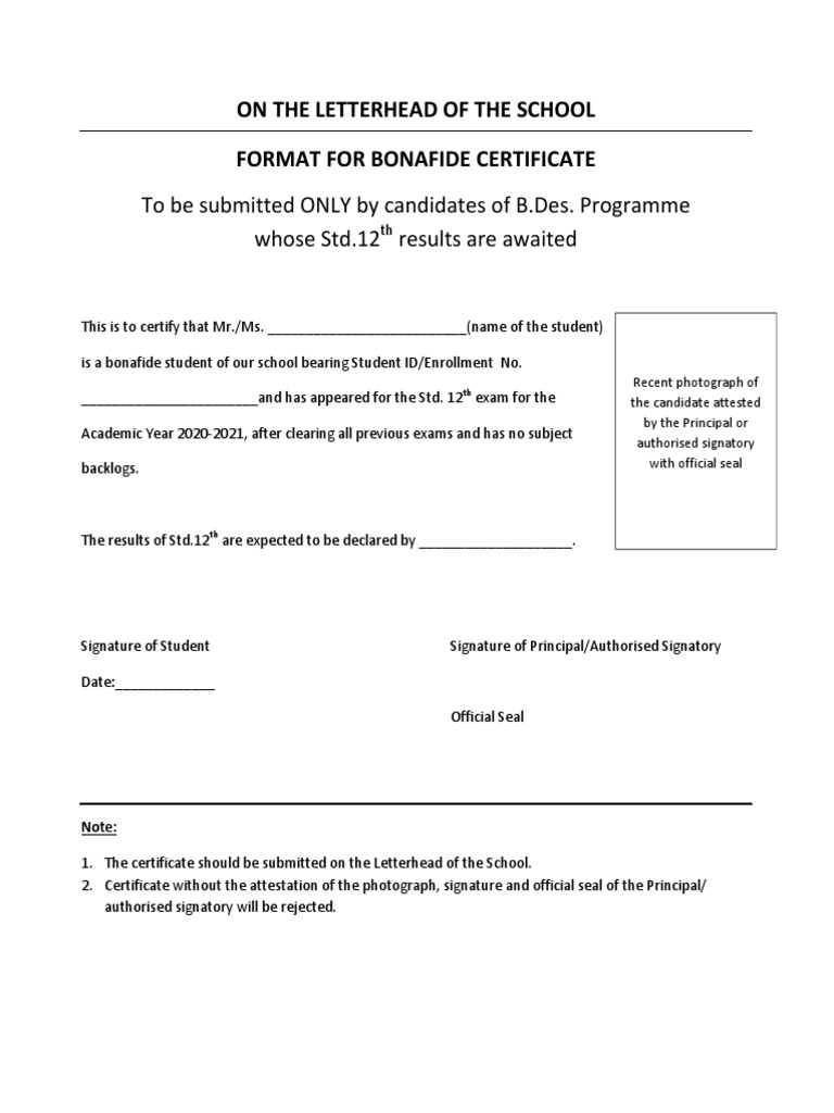 To Be Submitted ONLY by Candidates of B.Des - Programme Whose Std.12 ...