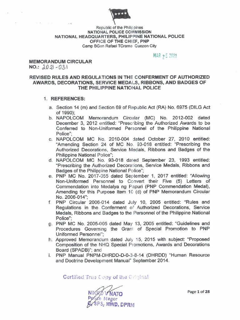 PNP Memorandum Circular No 2021 031 | PDF