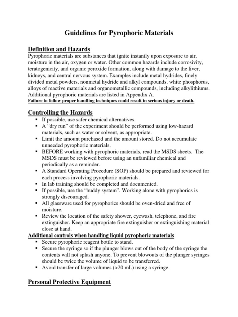 Guidelines for Handling Pyrophoric Materials | PDF | Chemical Compounds ...