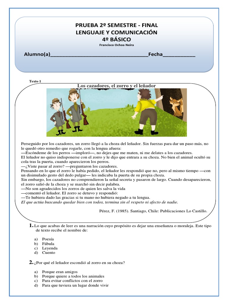 4º Basico 10 Prueba Final LENGUAJE Francisco Ochoa PDF | PDF ...