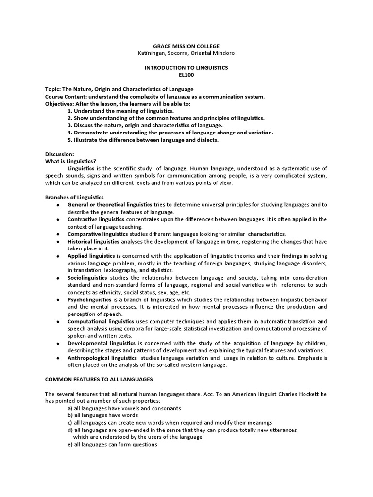 Lesson 1 Week 1 Intro To Linguistics Pdf Linguistics Dialect