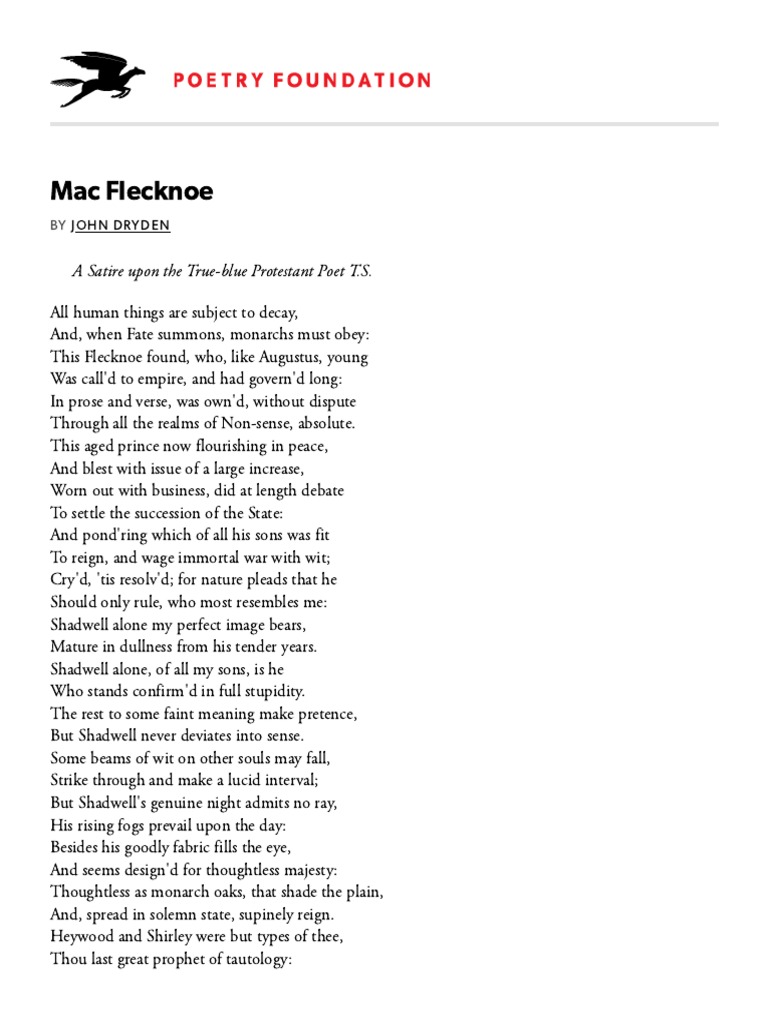 Mac Flecknoe by John Dryden - Poetry Foundation | PDF
