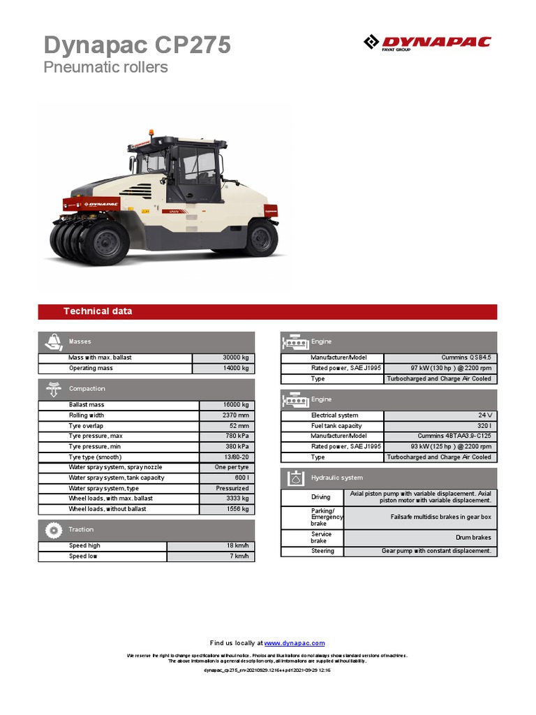 Dynapac CP275 Pneumatic Roller Specs | PDF | Horsepower | Tire