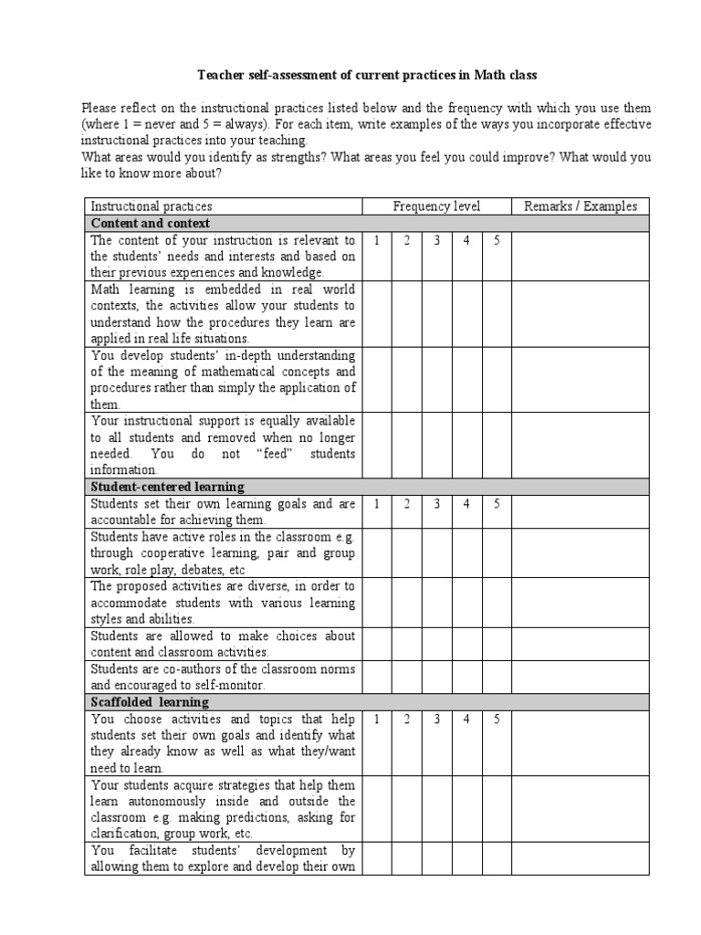 Student Self Assessment Math