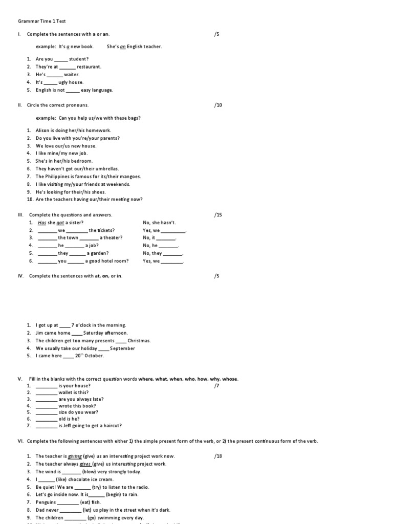 Grammar Time 1 Test | PDF