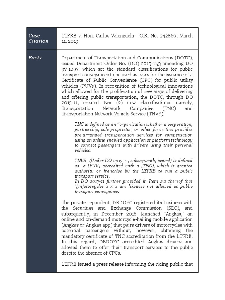 LTFRB v. Hon. Carlos Valenzuela G.R. No. 242860, March 11, 2019 | PDF | Injunction | Common Law
