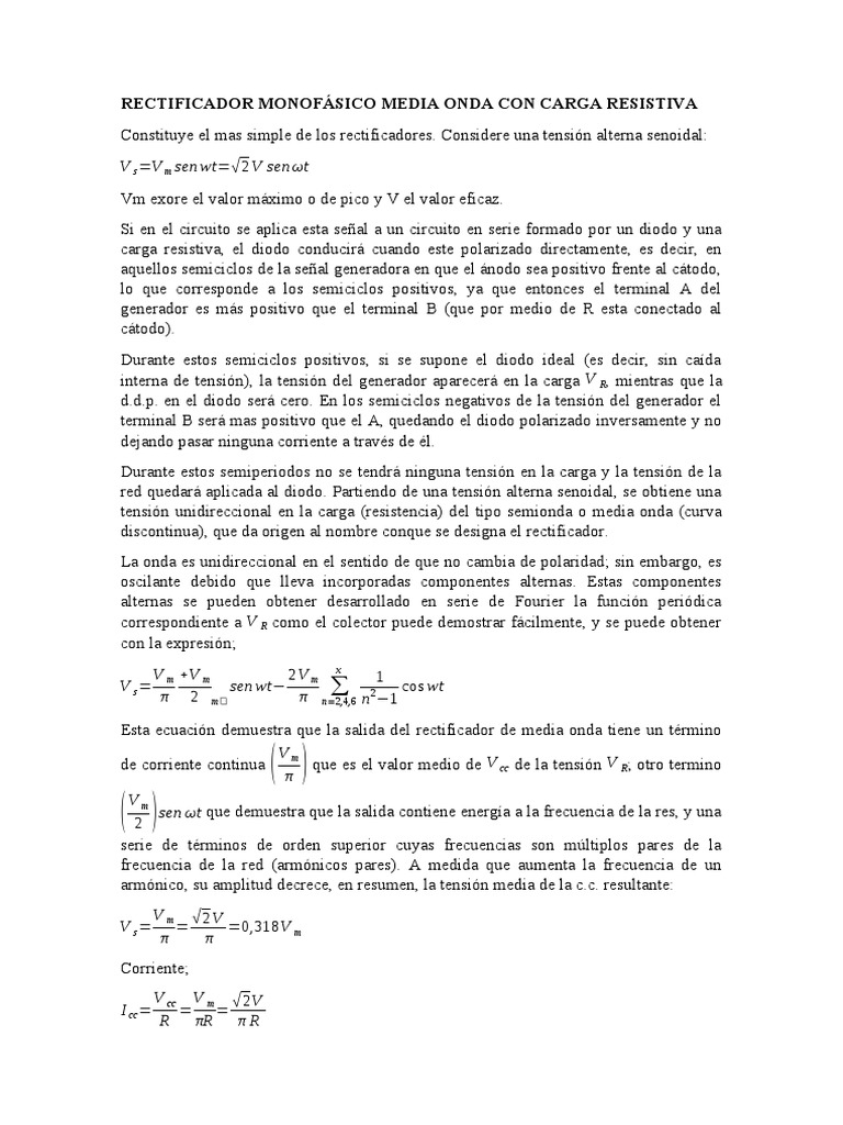 Rectifacor Monofasico Media Onda Con Carga Resistiva | PDF | Rectificador | Corriente eléctrica