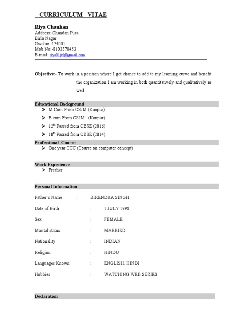 Curriculum Vitae: Riya Chauhan | PDF