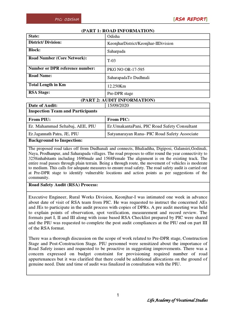 SAHARAPADA TO DUDHNALI-Report | PDF | Risk | Road Traffic Safety