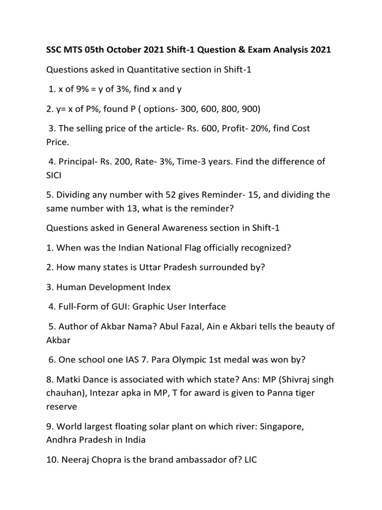 SSC Mts Answer Key Paper 1 | PDF