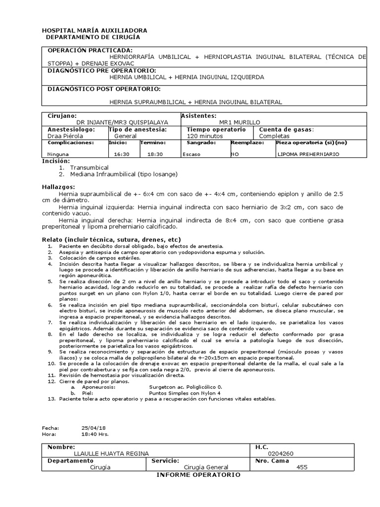 Informe quirúrgico detallado de hernioplastia bilateral con técnica de ...