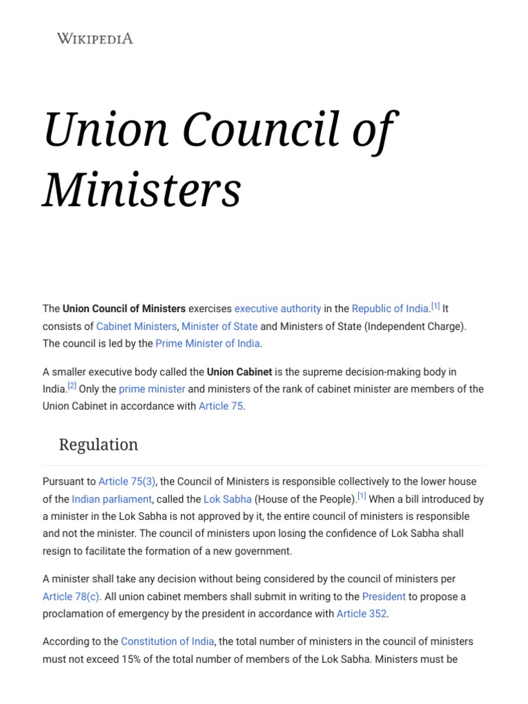 Union Council of Ministers - Wikipedia | PDF | Government Of India | Policy