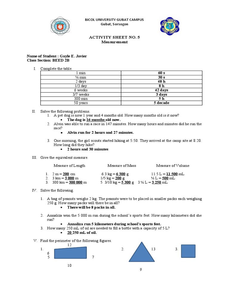 Measurement Activity Sheet | PDF | Length | Rectangle