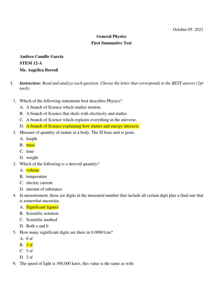 General Physics First Summative Test | PDF | Euclidean Vector | Physics