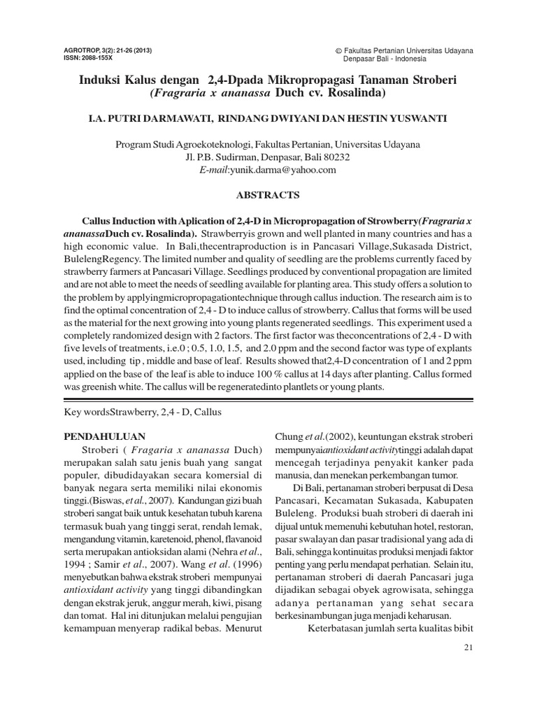 Induksi Kalus Dengan 2,4-Dpada Mikropropagasi Tanaman Stroberi | PDF ...