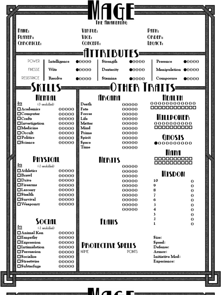 Mage The Awakening - Character Sheet 4 Pages | PDF | Fantasy Games ...