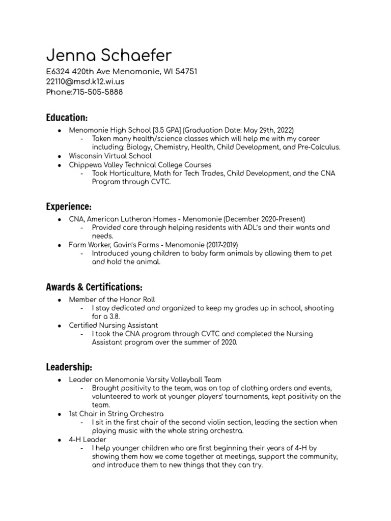 Jenna Schaefer: CNA & Student Leader | PDF