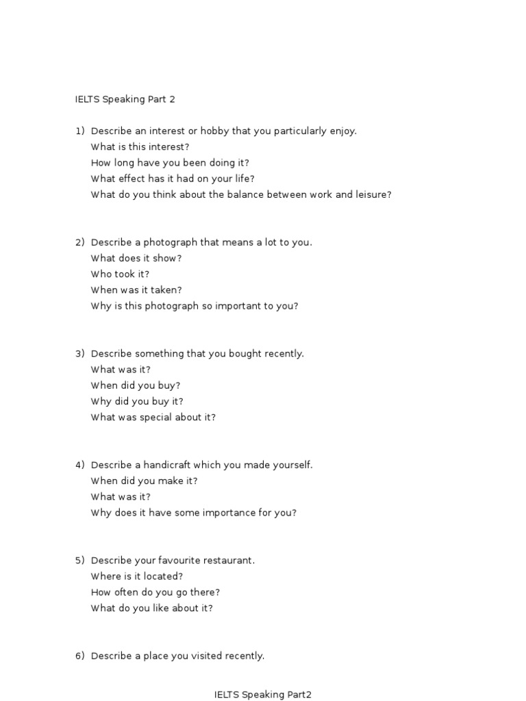 IELTS Speaking Part 2 Topics & Questions | PDF | Travel | Foreign ...
