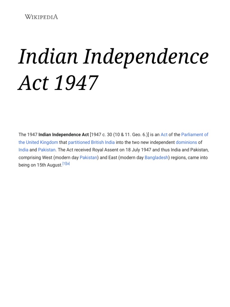 Indian Independence Act 1947 - Wikipedia | PDF | Government | Pakistan