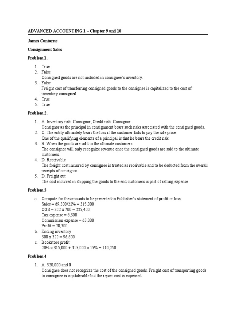 ADVANCED ACCOUNTING 1 - Chapter 9 and 10 James Cantorne Consignment ...