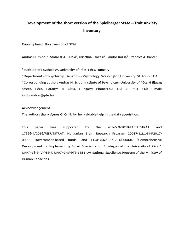 Zsido Etal Stai Short Ms | PDF | Receiver Operating Characteristic ...